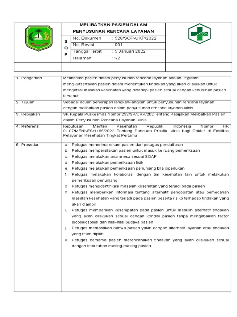 Sop Melibatkan Pasien Dalam Penyusunan Rencana Layanan Klinis | PDF