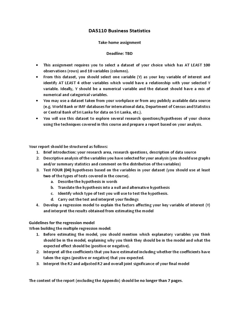 Take Home Assignment Pdf Statistics Dependent And Independent Variables 