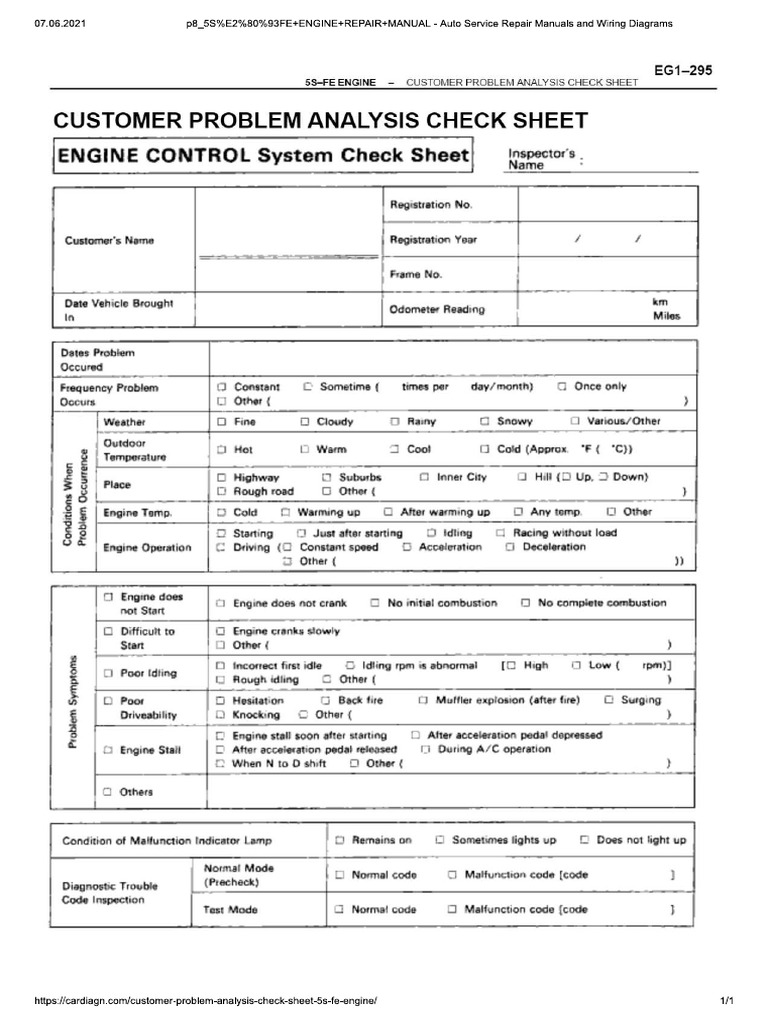 Toyota 5s-Fe Customer Problem Analysis Check Sheet | PDF