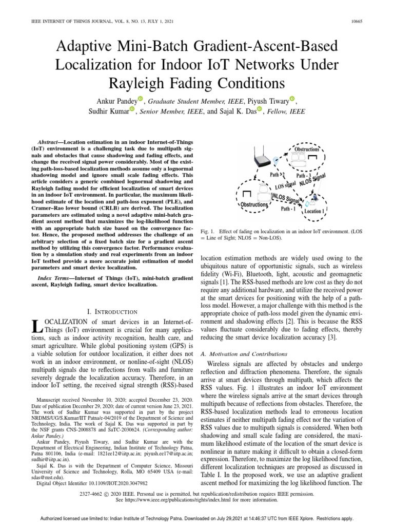 Adaptive Mini Batch Gradient Ascent Based Localization For Indoor Iot Networks Under Rayleigh