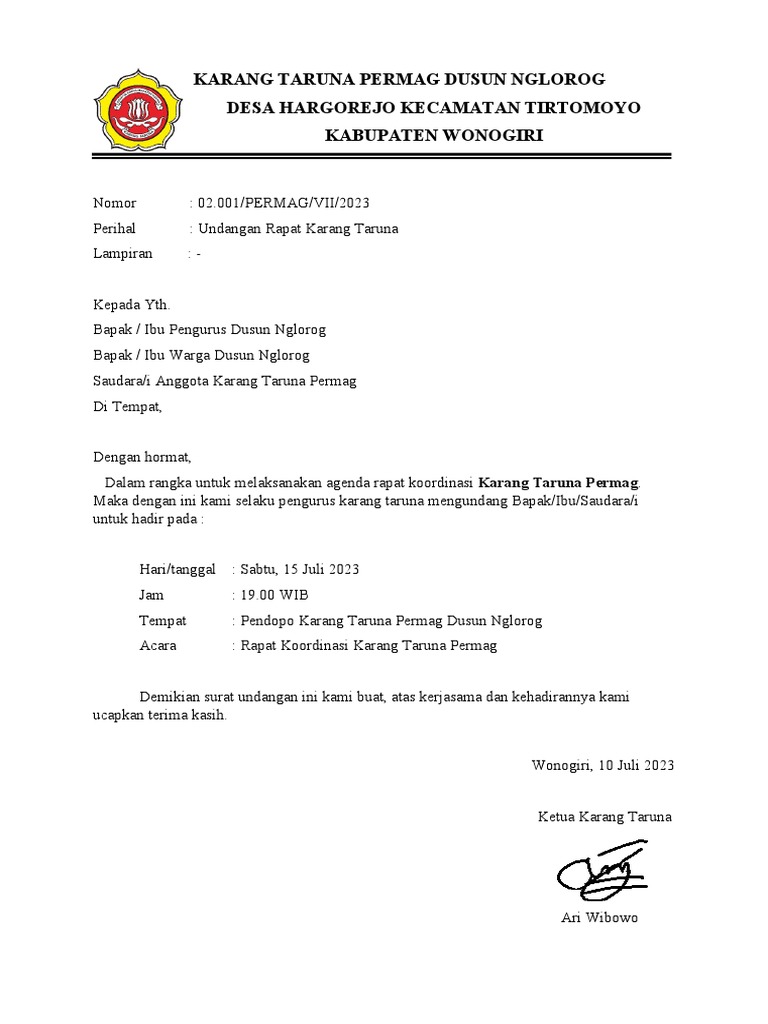 Contoh Undangan Rapat Karang Taruna PERMAG | PDF