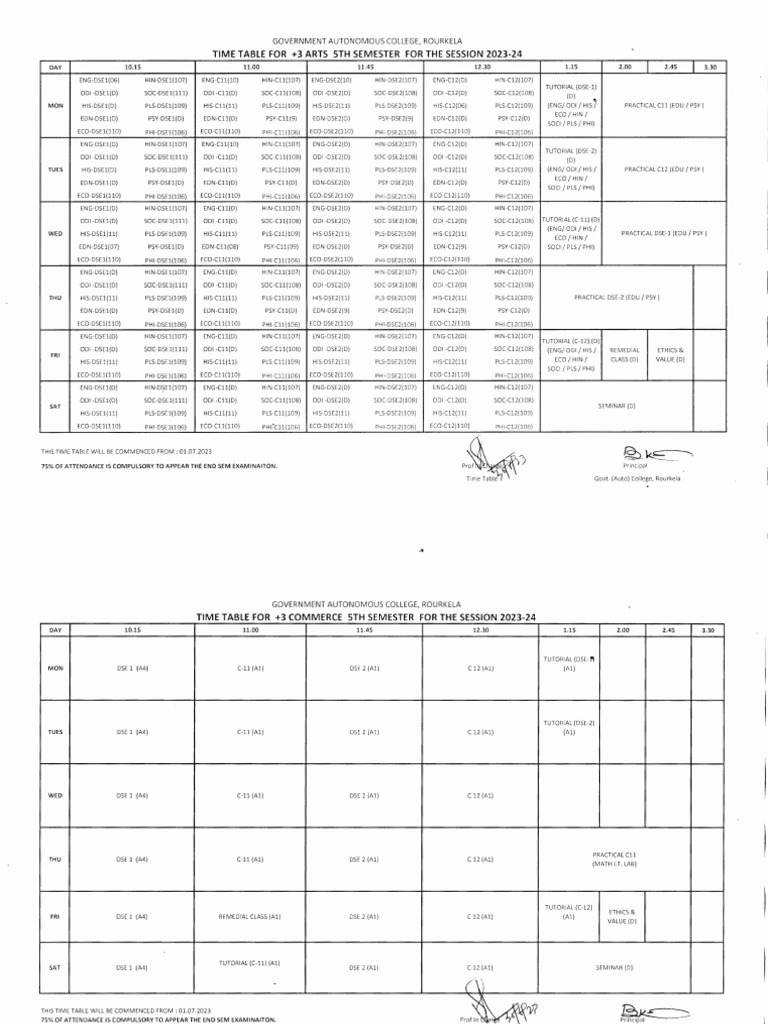 2023-24 5th Semester Time Table | PDF