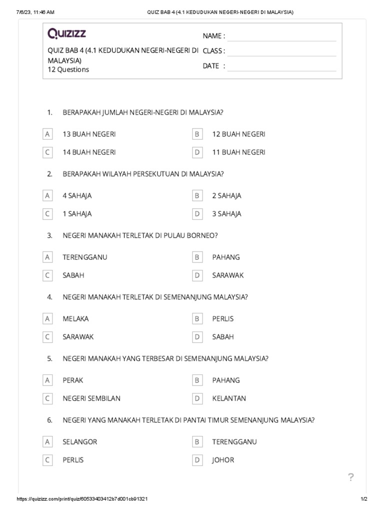 Quiz Bab 4 (4.1 Kedudukan Negeri-Negeri Di Malaysia) | PDF