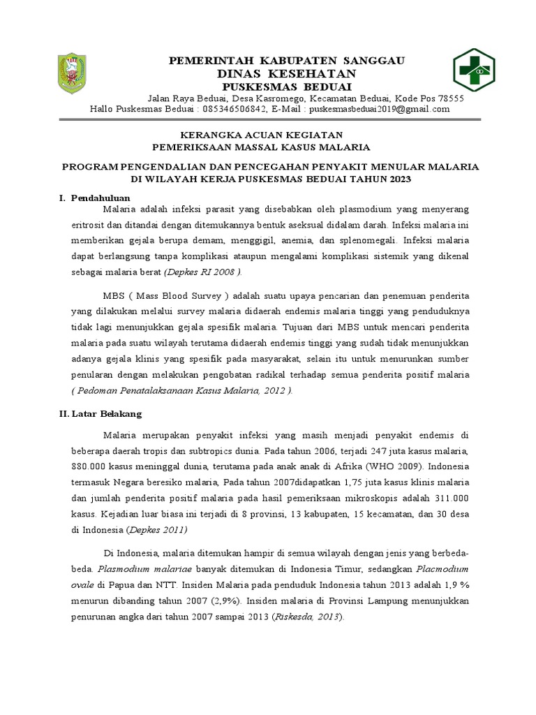 Kak Kerangka Acuan Kerja Malaria | PDF