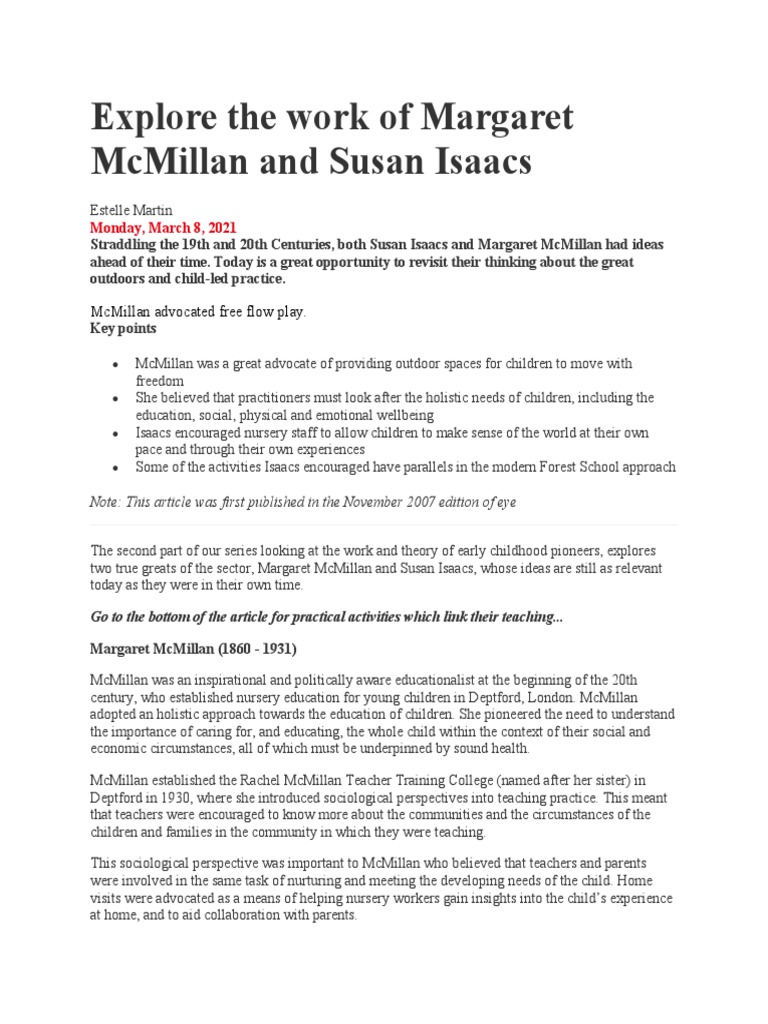 Explore The Work of Margaret McMillan and Susan Isaacs | PDF | Child ...