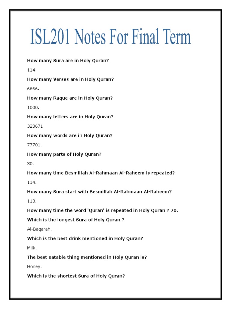 Isl 201 Notes | PDF | Surah | Muhammad