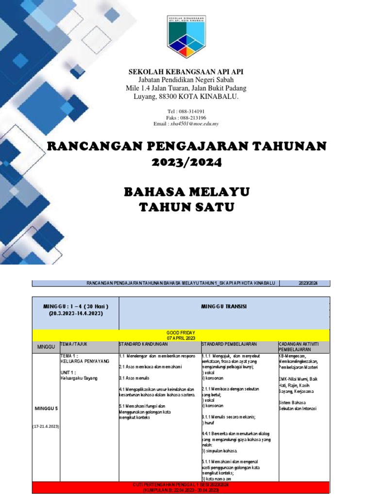 RPT Bahasa Melayu Tahun 1 SK API API 2023 2024 | PDF