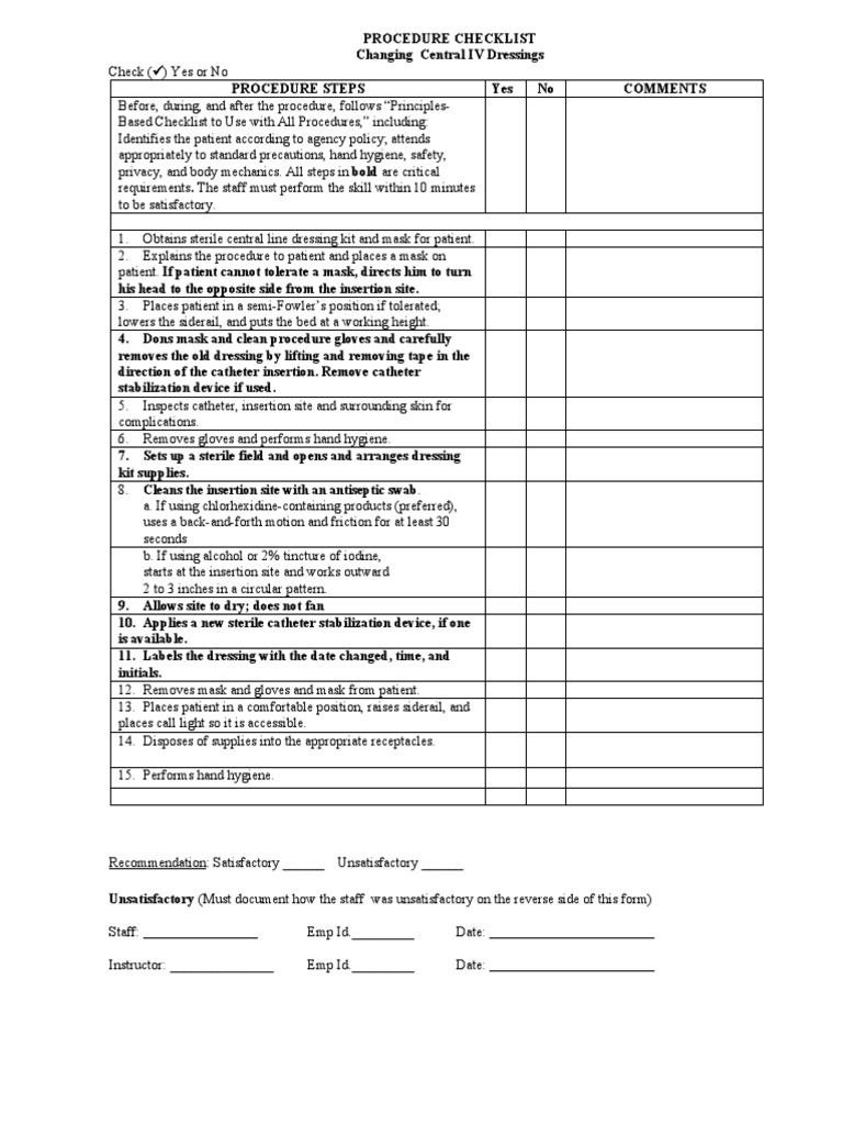 Checklist For Changing Central Line Dressing | PDF | Hand Washing | Hygiene