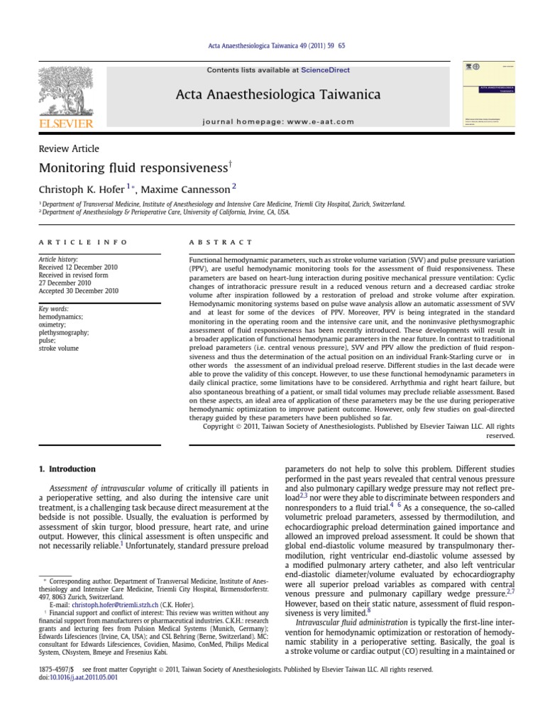 Monitoring Fluid Responsiveness | PDF | Hemodynamics | Blood Pressure