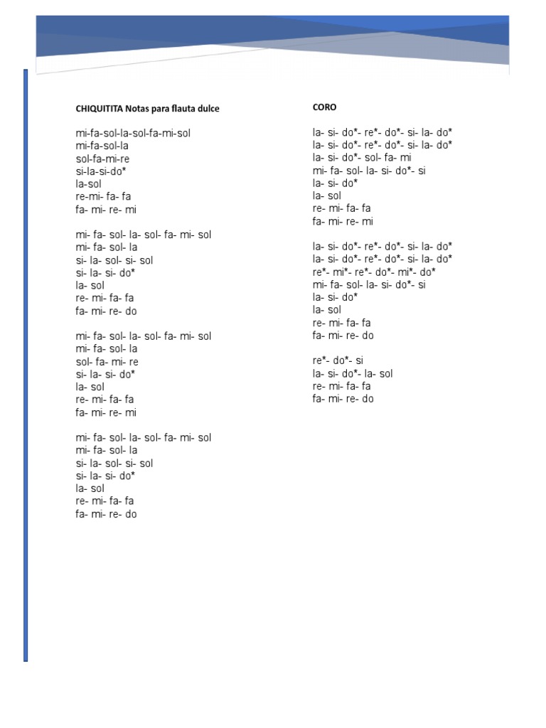CHIQUITITA Notas para Flauta Dulce | PDF