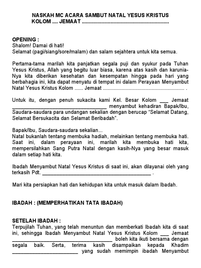 Naskah MC Acara Sambut Natal Yesus Kristus | PDF Naskah MC Acara Sambut Natal Yesus Kristus | PDF
