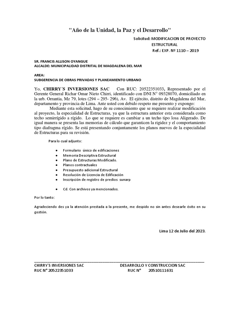 Solicitud - Modificacion de Proyecto Estructural Final | PDF