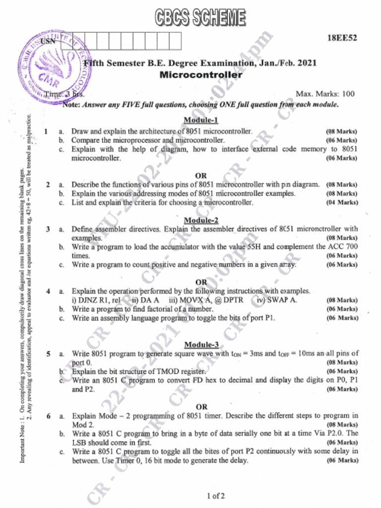 VTU Question Paper of 18EE52 Microcontroller Jan-2021 | PDF