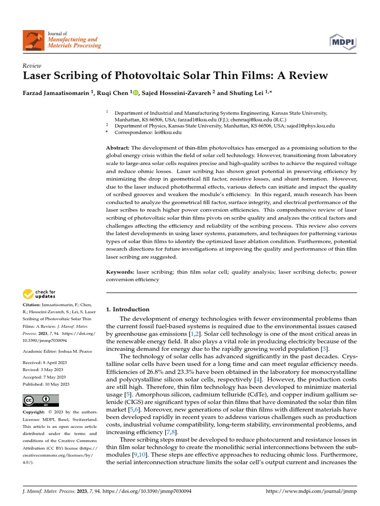 2023 - MDPI - Laser Scribing of Photovoltaic Solar Thin Films - A Review | Descargar gratis PDF ...