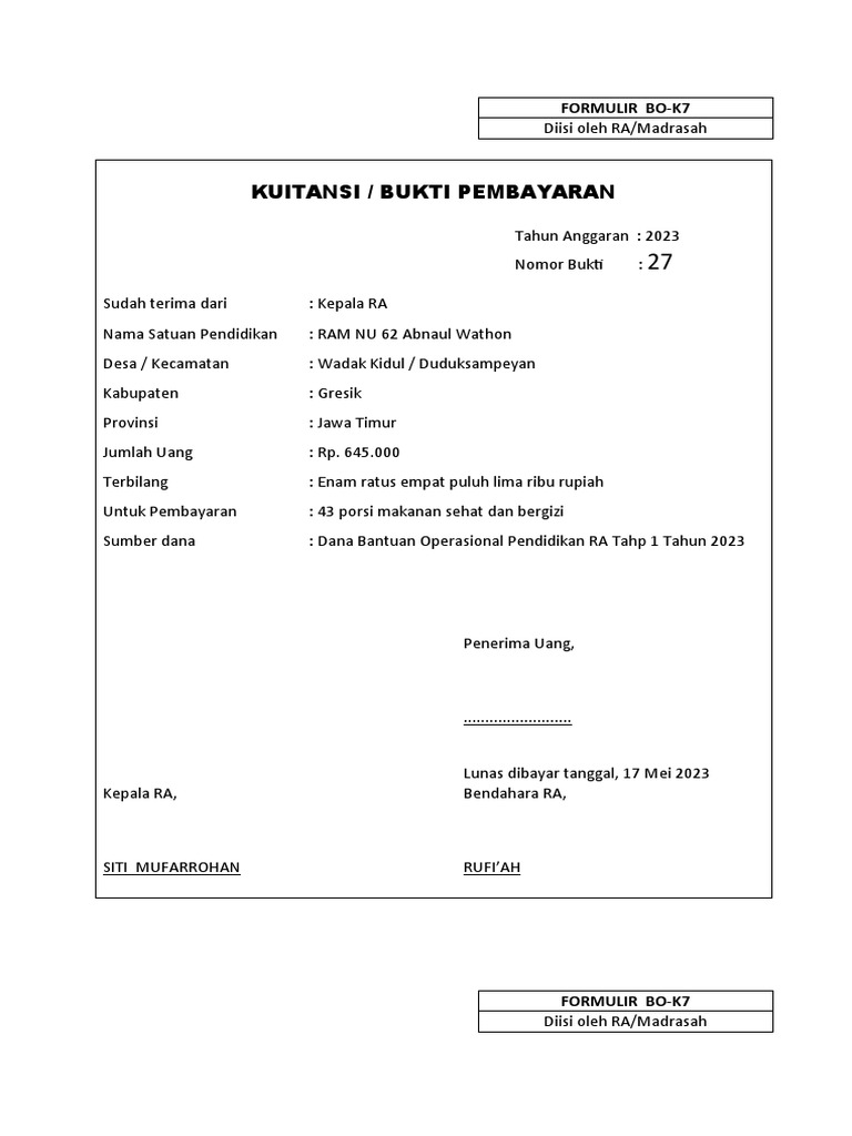 Contoh KUWITANSI BOP | PDF