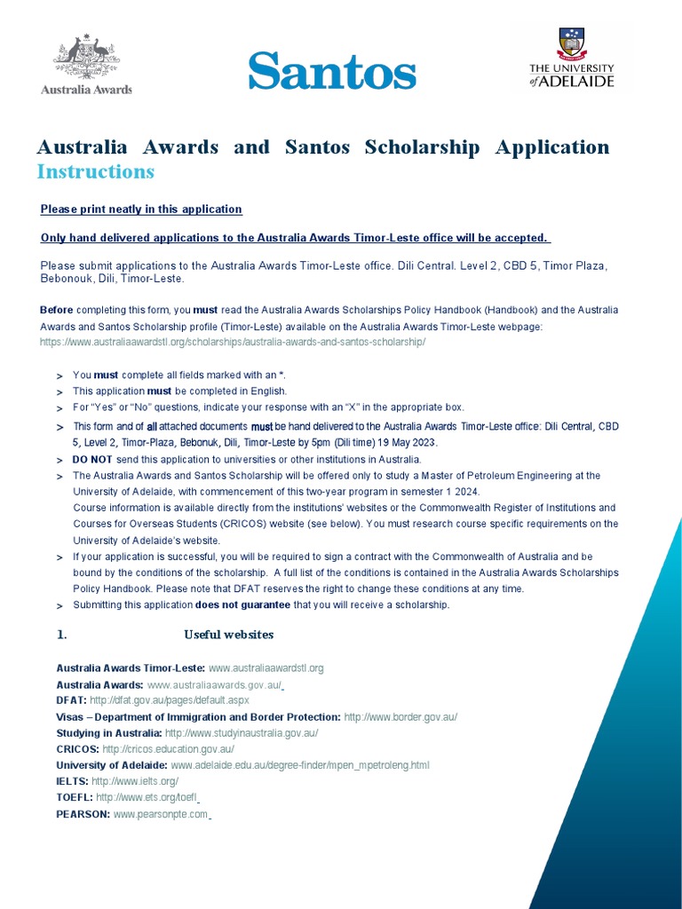Australia Awards and Santos Scholarships Application Form 2024 Intake | PDF | Identity Document ...