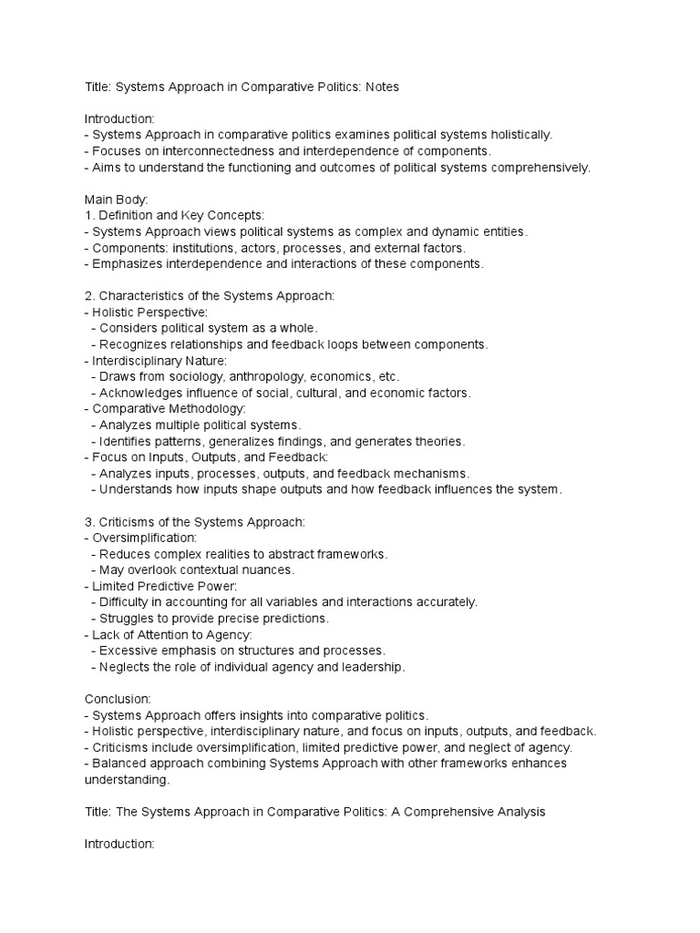 Systems Approach in Comparative Politics - Notes | PDF | System ...