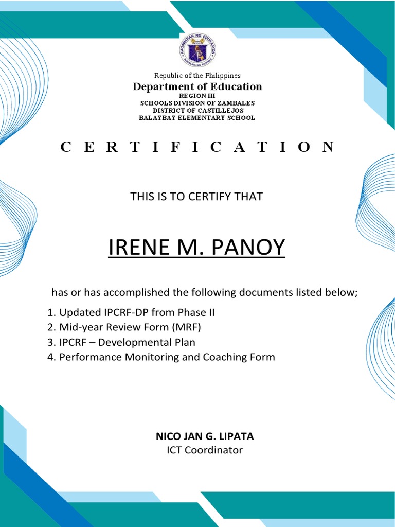 Certification From Ict Coordinator Sample | PDF
