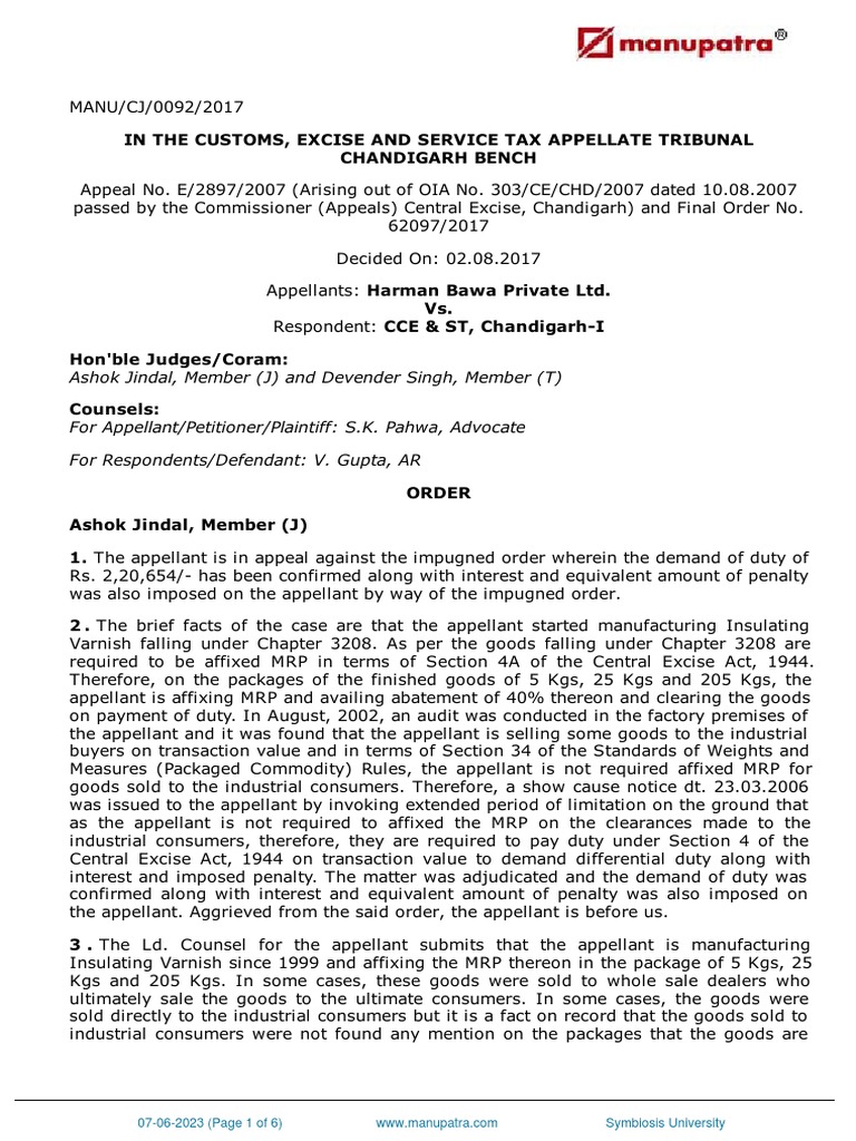Central Excise Appeal: Harman Bawa Pvt. Ltd. | PDF | Excise | Taxation