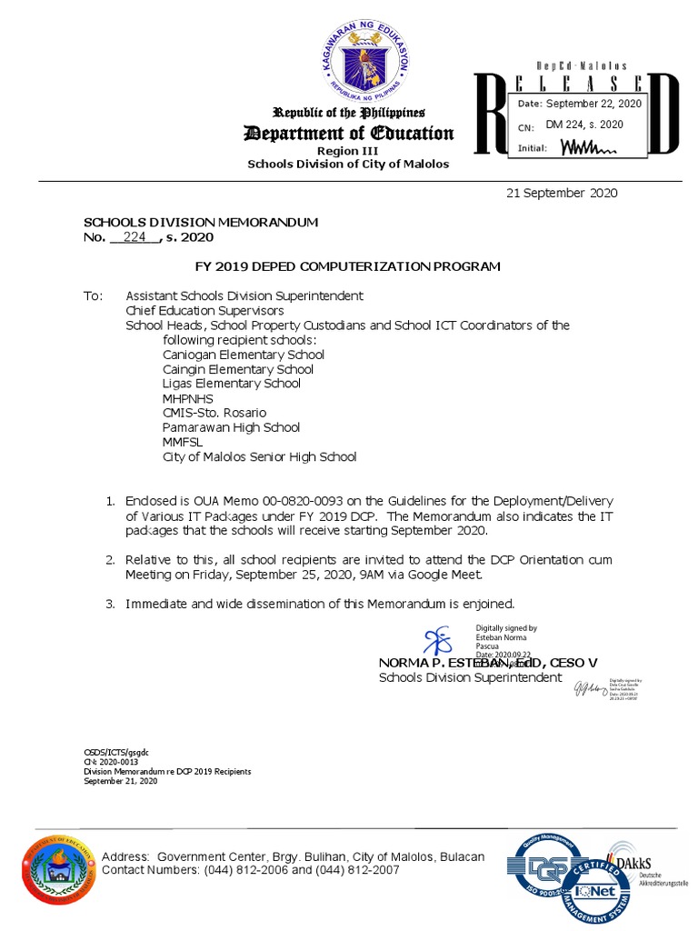 DM 224 S 2020 - FY 2019 DepEd Computerization Program | PDF | Usb | Wi Fi