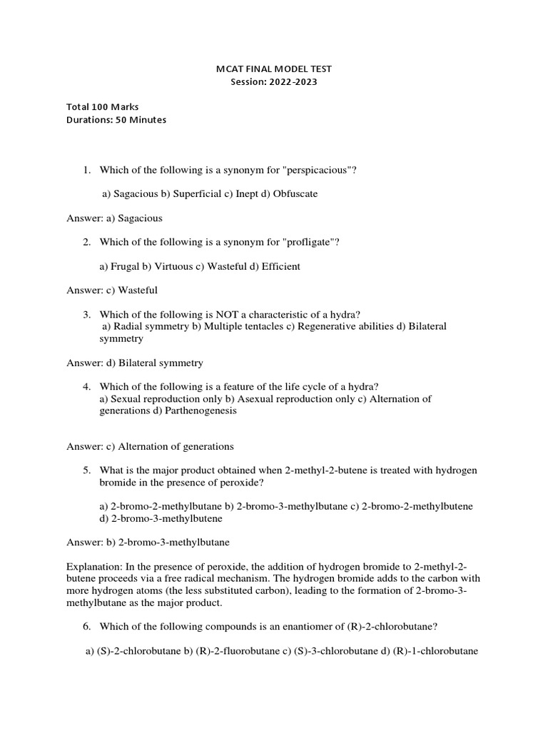 Mcat Final Model Test Question | Download Free PDF | Chemical Bond | Adverb