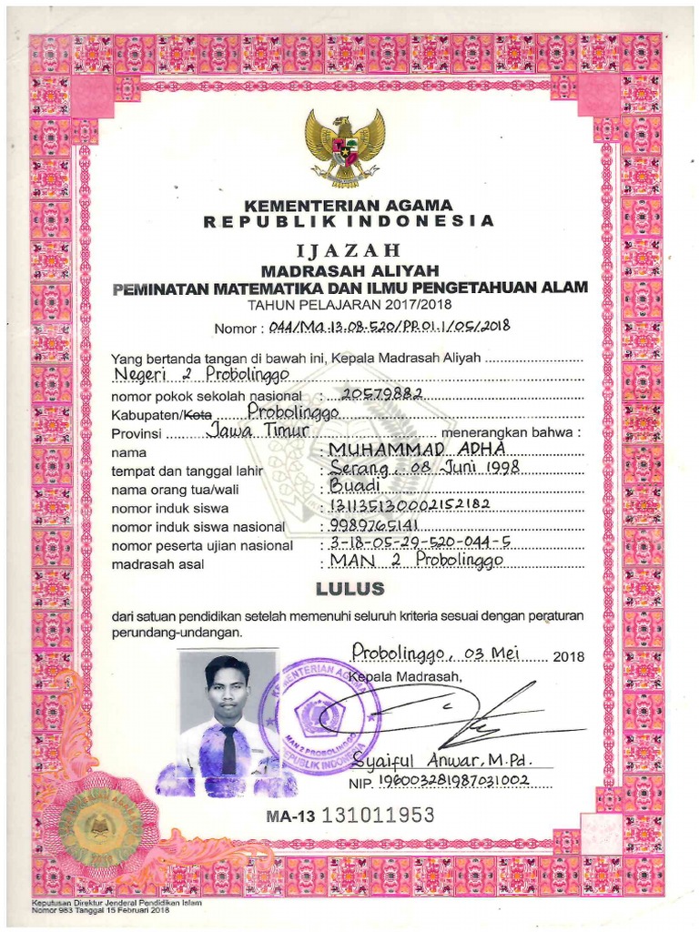 Ijazah Madrasah Aliyah | PDF