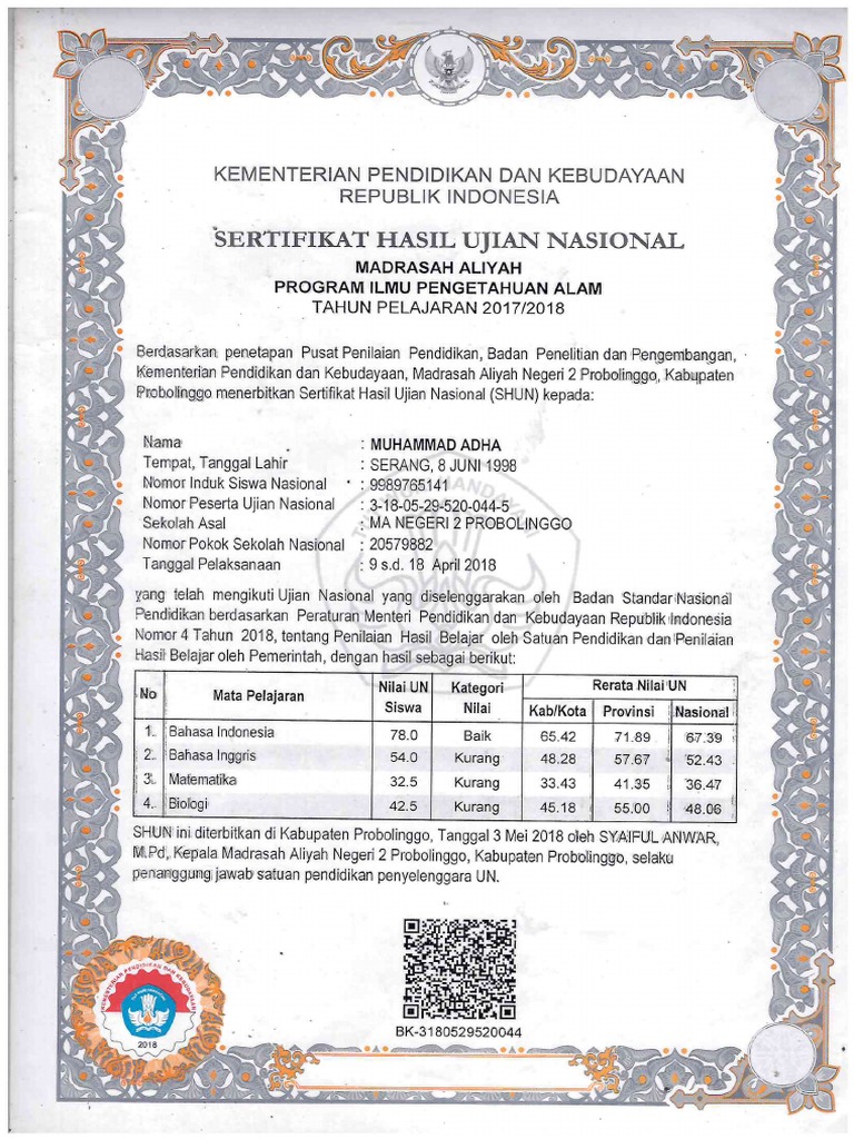 Sertifikat Hasil Ujian Nasional | PDF