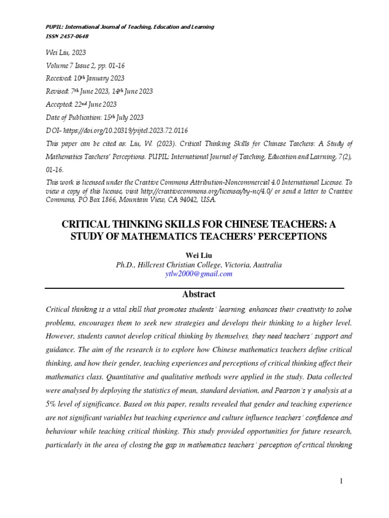 Critical Thinking Skills For Chinese Teachers: A Study of Mathematics ...