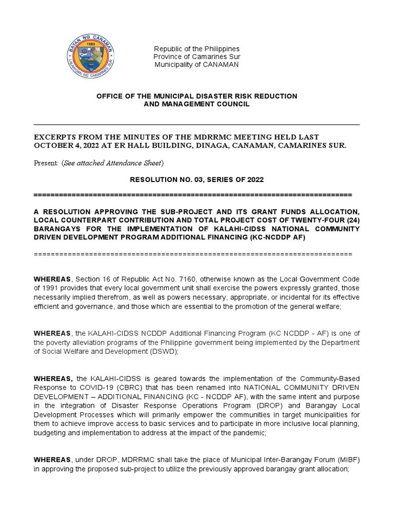 MDRRMC Resolution Canaman Revised - 11 02 22 | PDF | Government | Economies