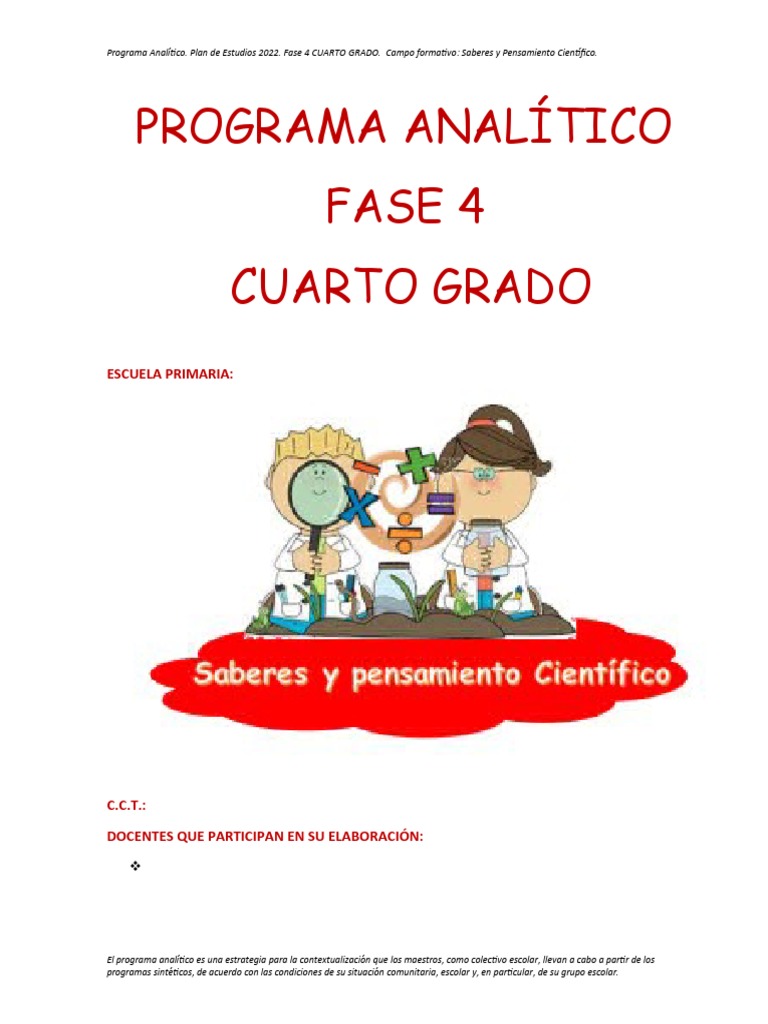 ? MT 4. Cuarto Grado Programa Analítico Saberes y Pensaiento Científico. Fase 4 | PDF | Plan de ...