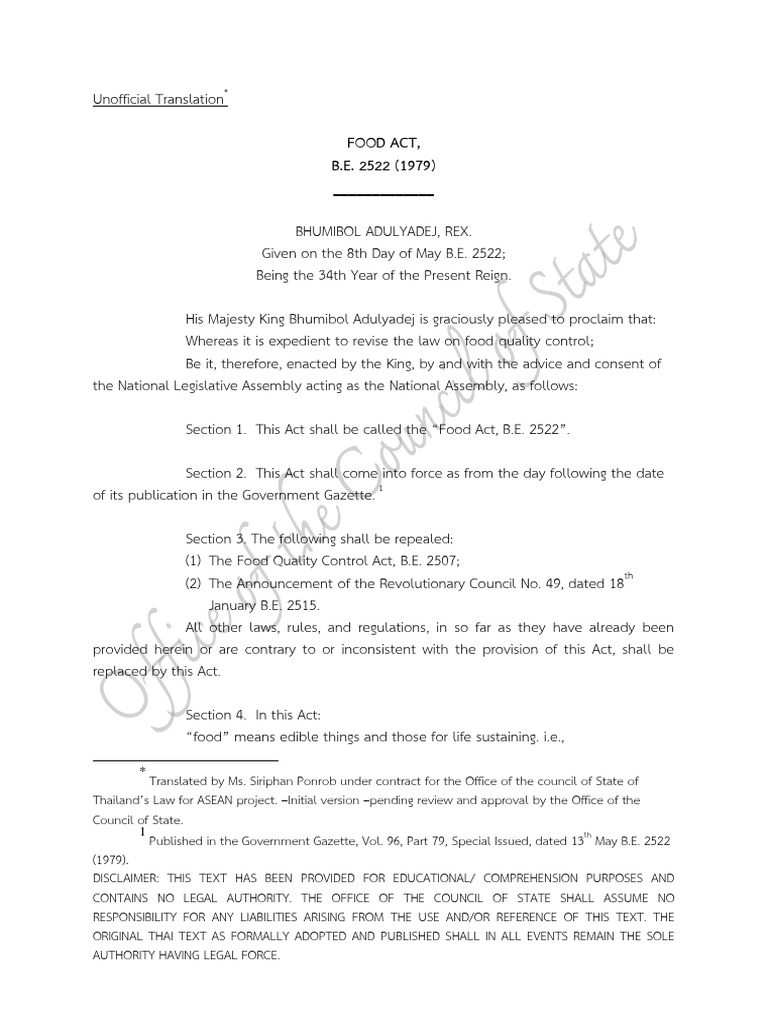 Food Act B.E. 2522 (1979) | PDF | License | Disclaimer
