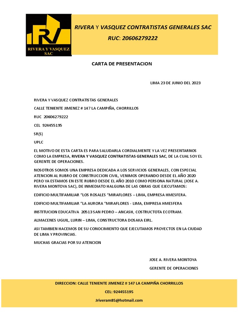 CARTA DE PRESENTACION Rivera Vasquez | PDF