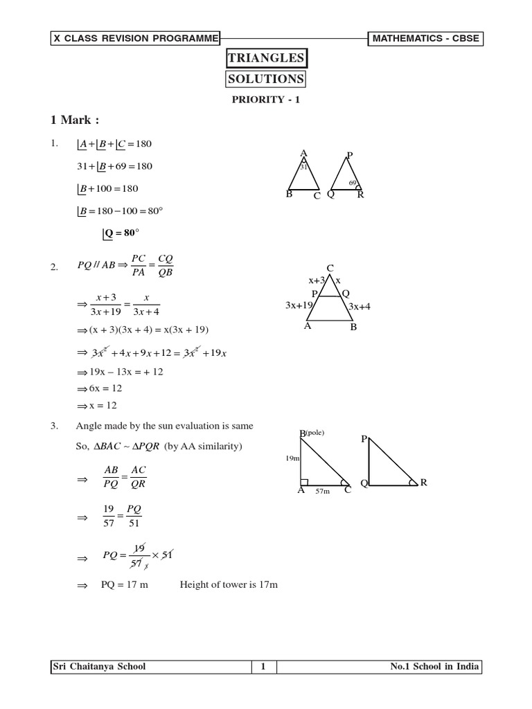Cbse - X Class - Mathematics - Triangles - (P - I, Ii, Iii) - Solutions ...