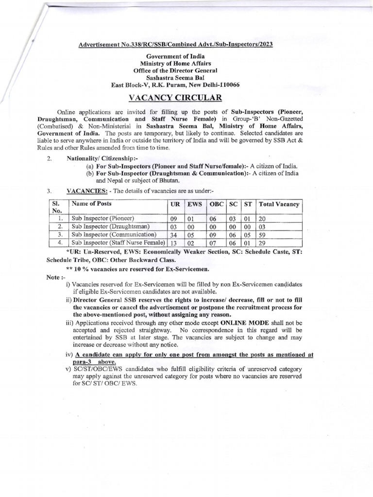 SSB SI Recruitment 2023 Short Notice | PDF
