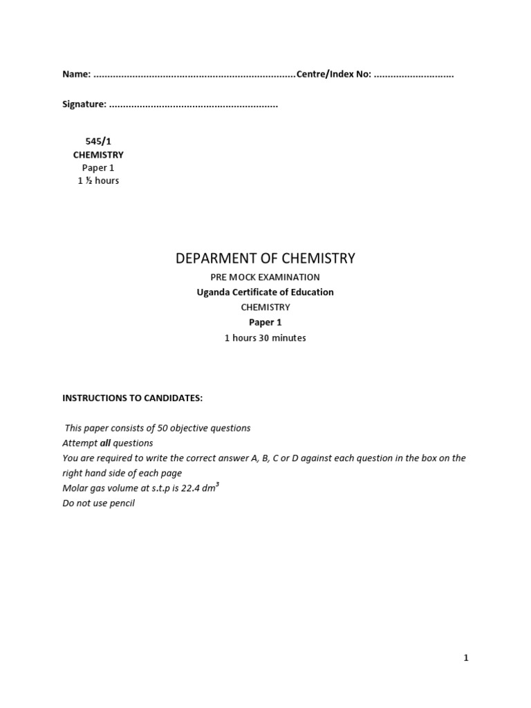 s4 Chemistry Paper 1 Mock (2) - 1 | PDF | Hydroxide | Chlorine