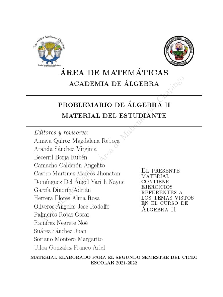Algebra 2 2021 2022 Estudiante Problemario-1 | PDF | Factorización | Matemáticas
