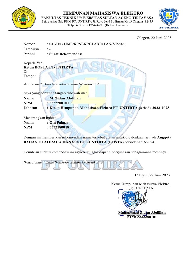 041-044 - Surat Rekomendasi Calon Anggota BOSTA FT - UNTIRTA | PDF