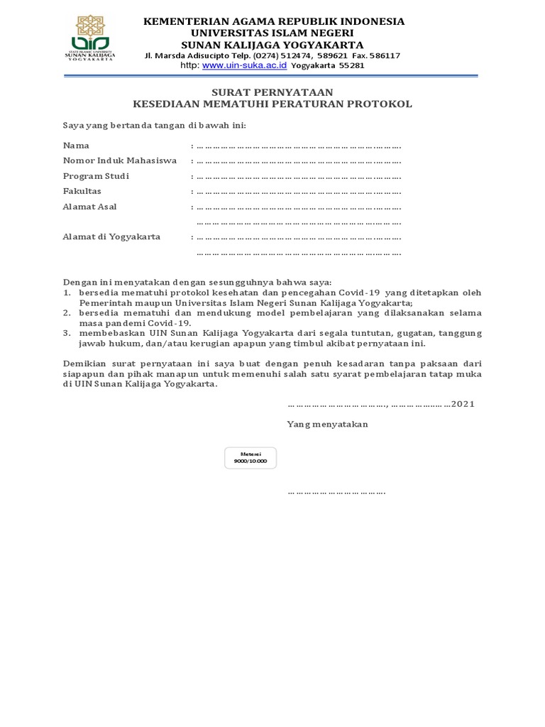 08 20210216 Form Surat Pernyataan Kesediaan Mematuhi Peraturan Protokol | PDF
