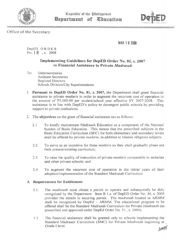 DepEd Order No. 18, S. 2008-Implementing Guidelines of DepeD Order No ...