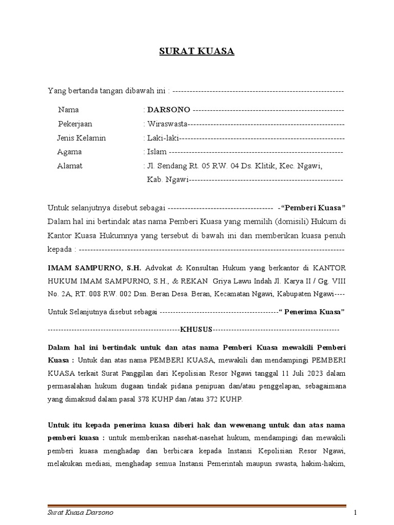 Surat Kuasa BP Widodo | PDF