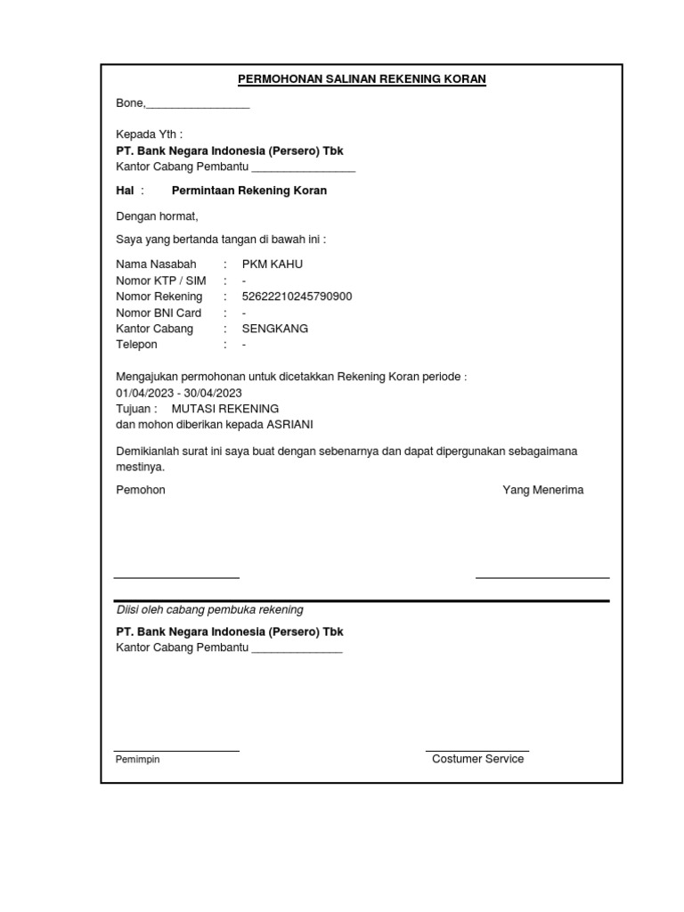 CONTOH PENGISIAN FORM REKENING KORAN | PDF