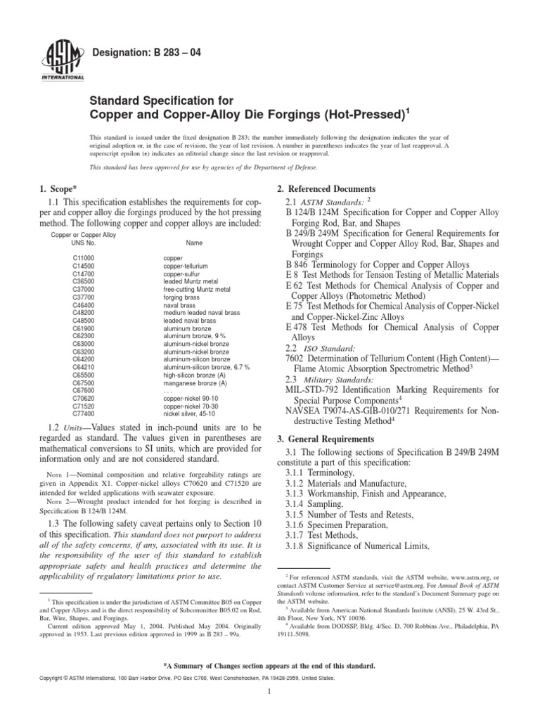 Copper and Copper-Alloy Die Forgings (Hot-Pressed) : Standard ...