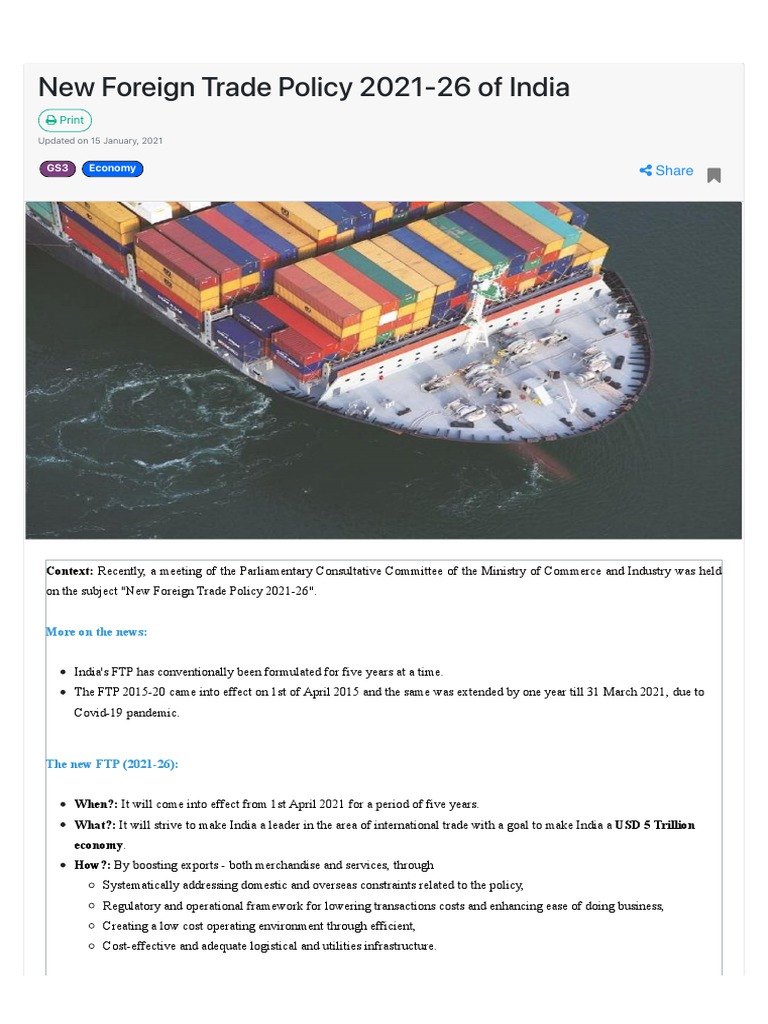 New Foreign Trade Policy 2021-26 Summary India UP | PDF | Exports | International Trade