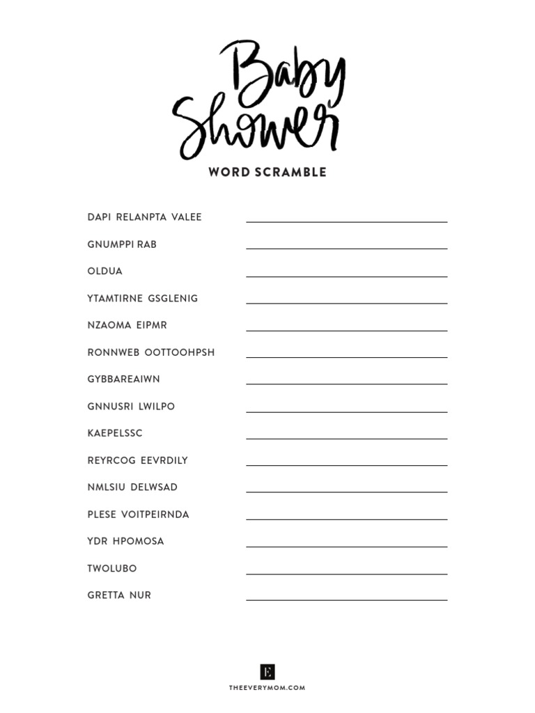 Word Scramble Baby Shower Game the Everymom Printable | PDF