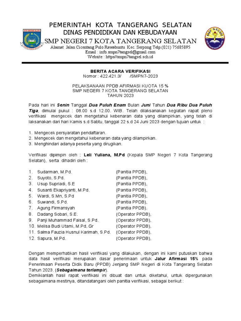 Berita Acara Rapat Verifikasi PPDB 2023 | PDF