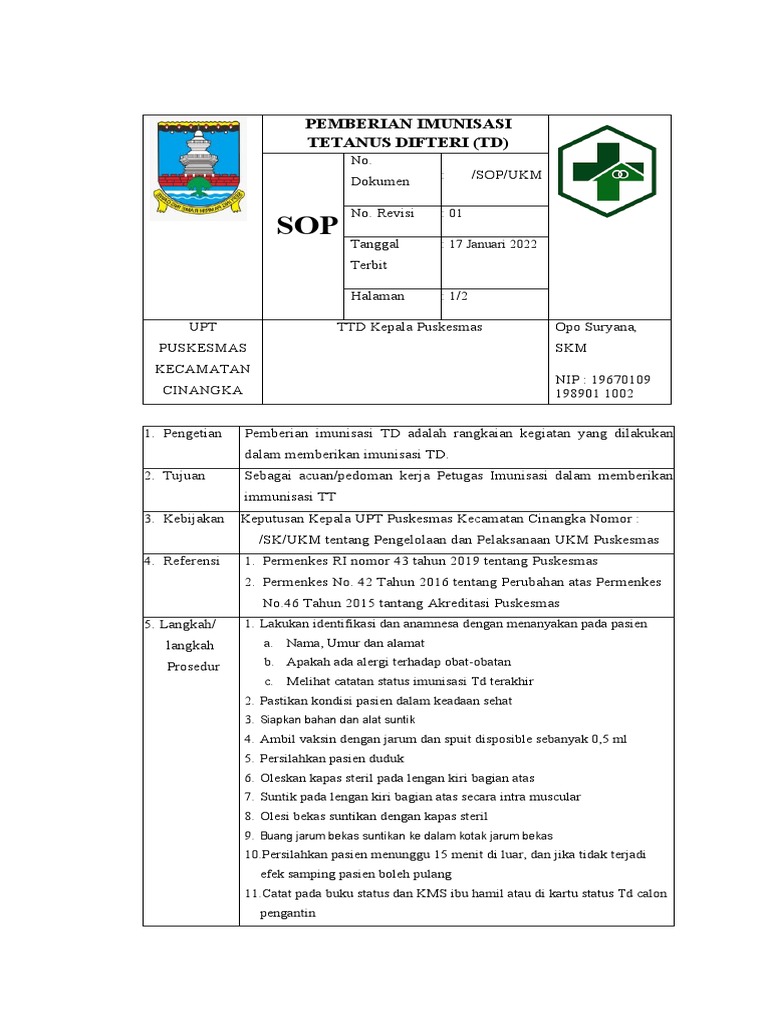 Prosedur Imunisasi Tetanus Difteri TD | PDF