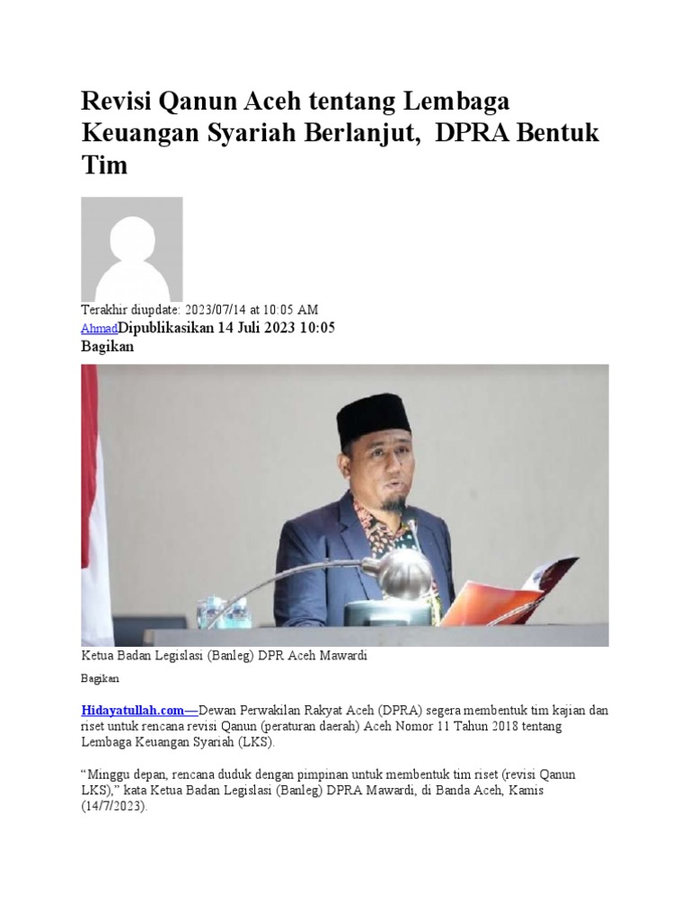 Revisi Qanun LKS Aceh: DPRA Bentuk Tim | PDF