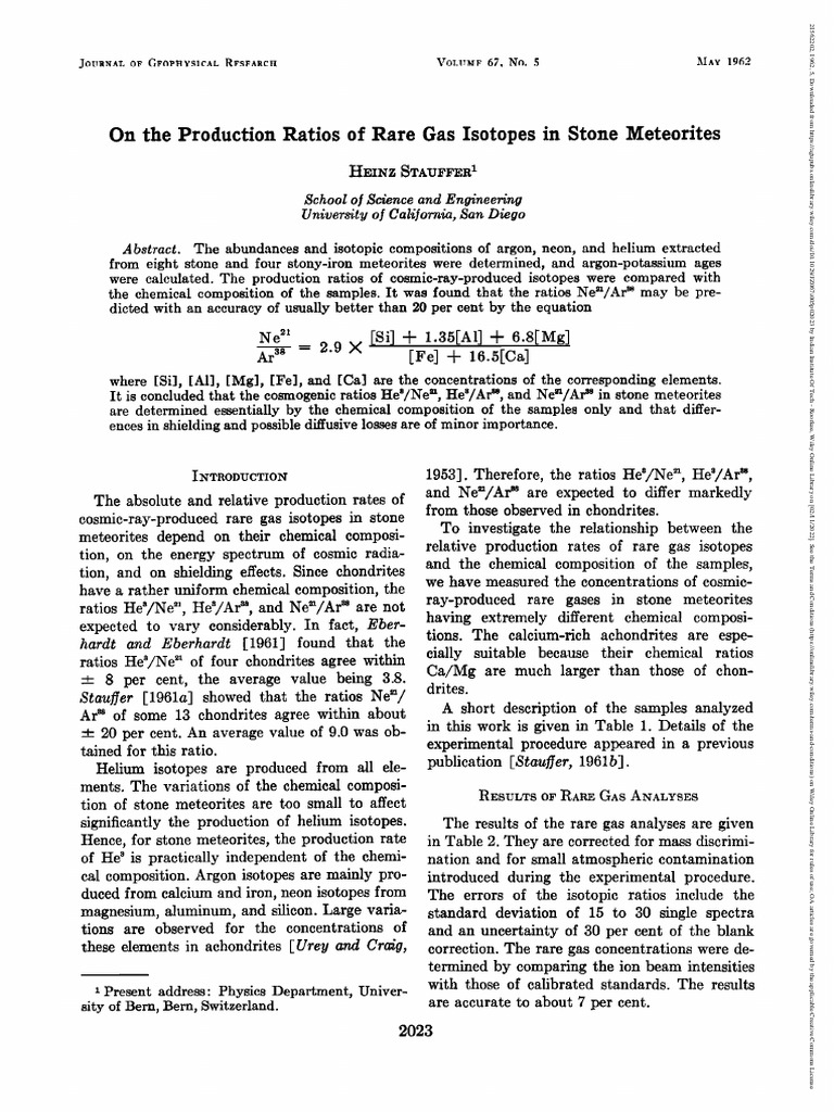 1962, Stauffer, On The Production Ratios of Rare Gas Isotopes in Stone ...