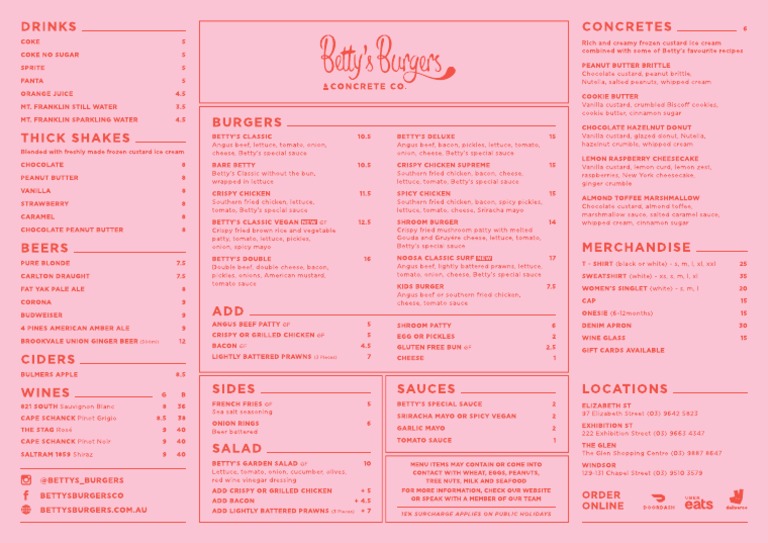 Bettys Burgers Vic Sample Menu | PDF