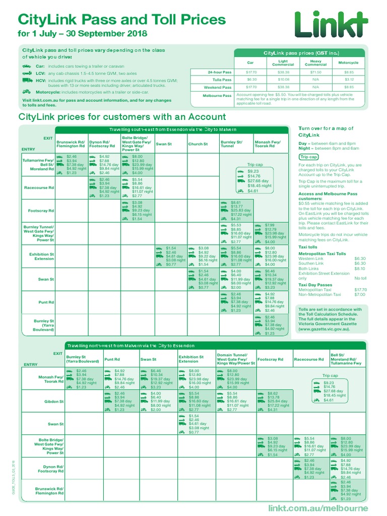 CityLink Toll Pricing July September 2018 | PDF | Vehicle Technology ...